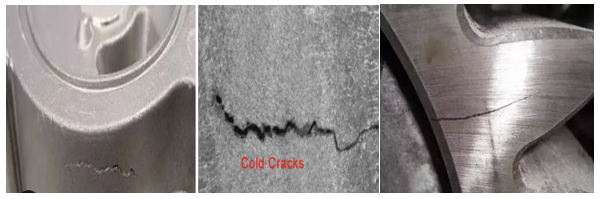 Figure – Hot crack, cold crack and fatigue crack from left to right